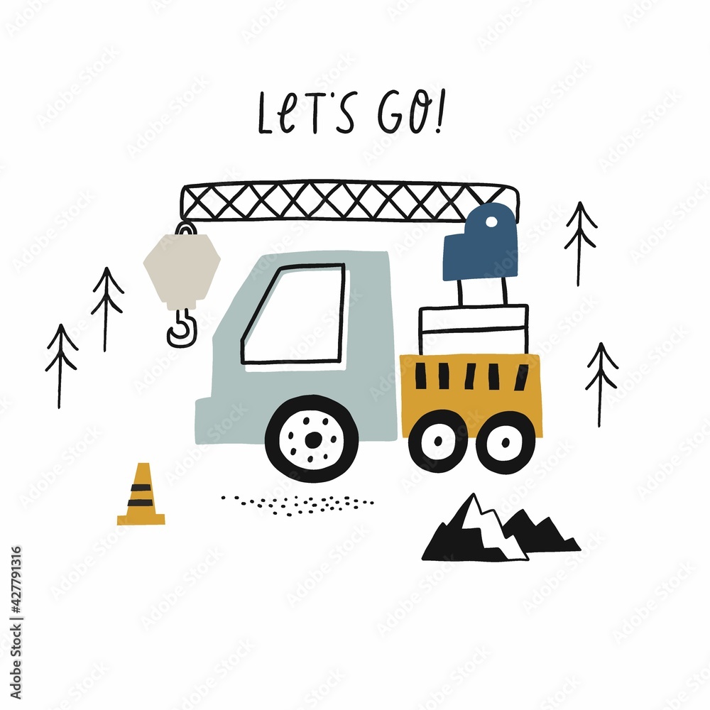 Hand drawn cute cars - Truck, tractor, cargo crane, bulldozer ...