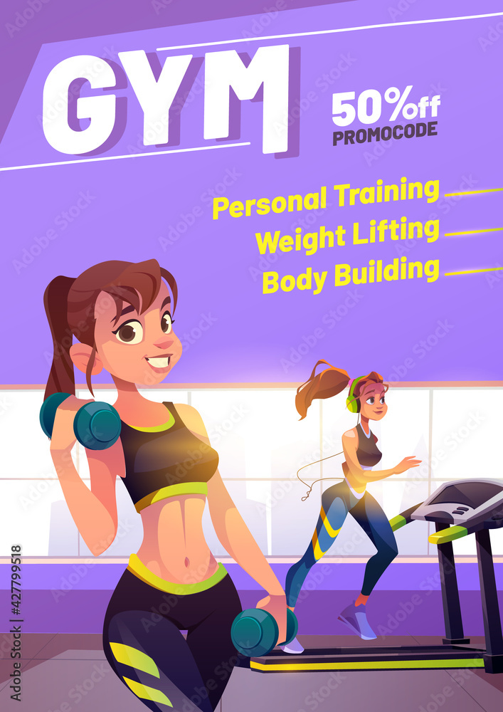 Young women exercising in gym, fit smiling girls workout with dumbbells ...