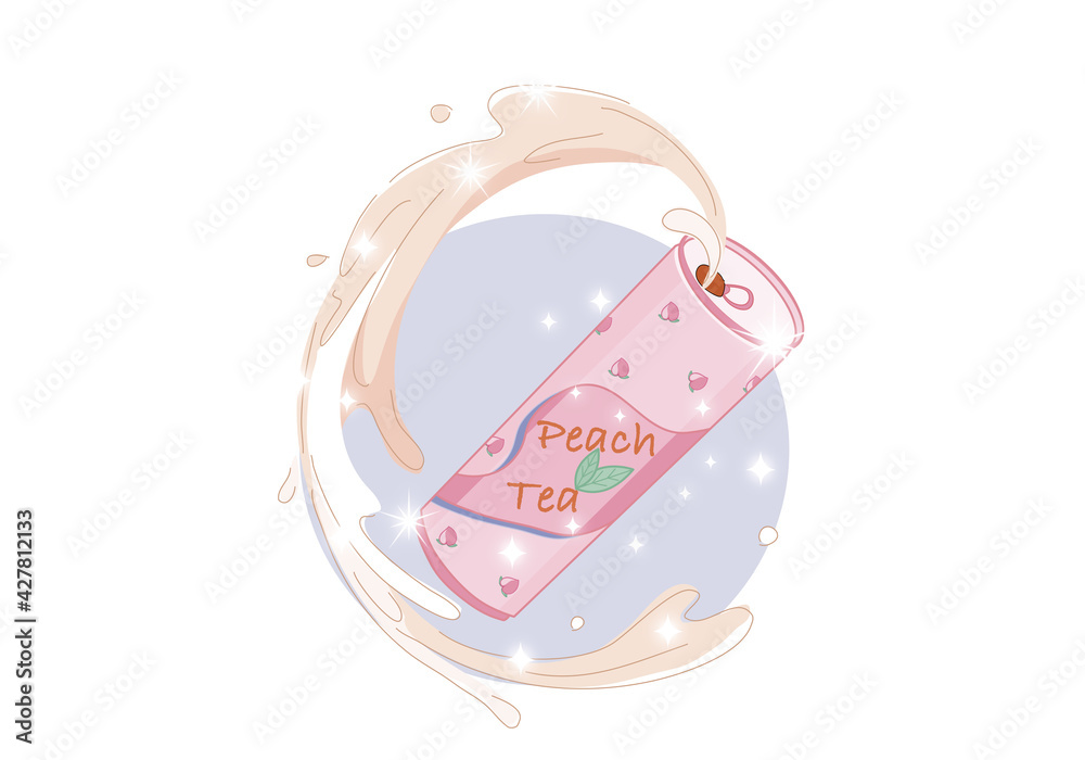 A can of milk tea peach flavor. Pink pastel can with splash milk tea ...