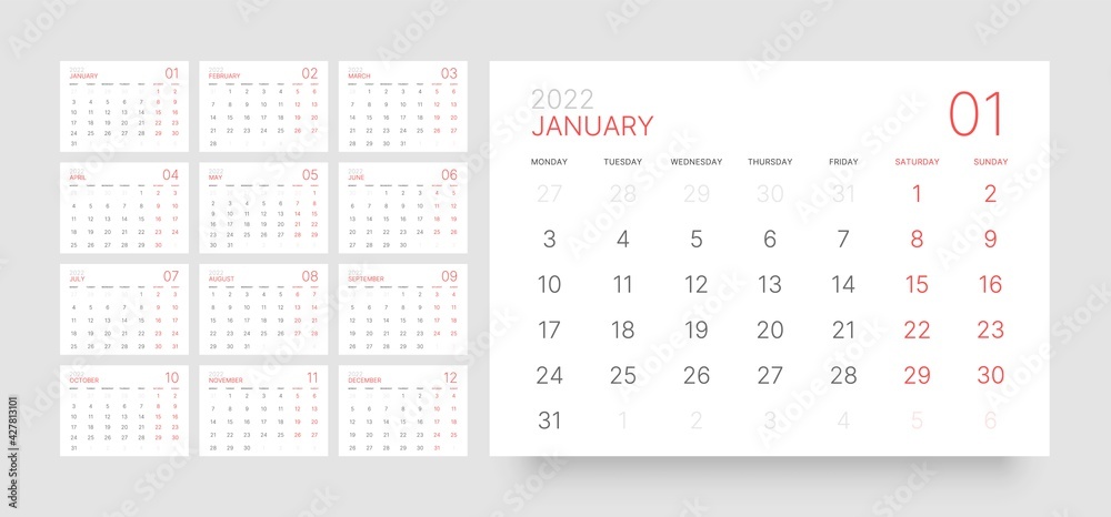 Monthly calendar for 2022 year. Week Starts on Monday. Stock Vector ...