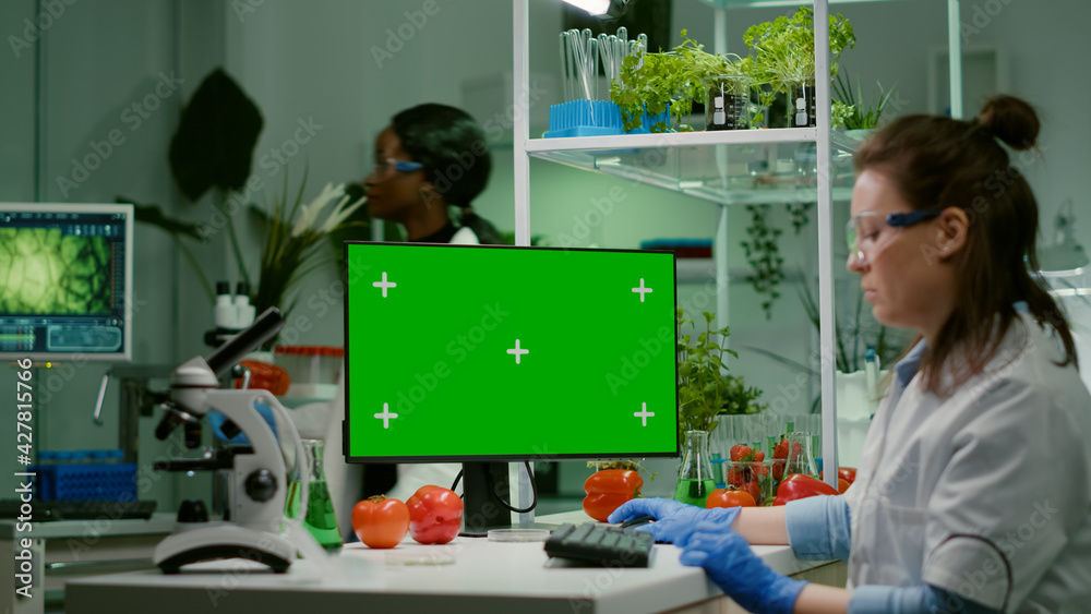 Pharmaceutical researcher looking at computer with mock up green screen ...