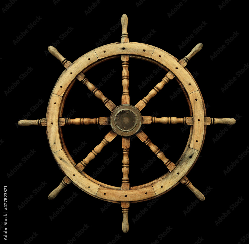 Steering wheel of the ship isolated on a black background Stock Photo ...