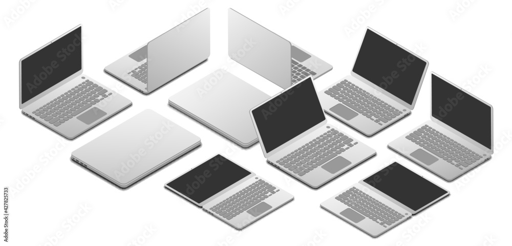 set of opened and closed laptop in isometric view with different angle ...