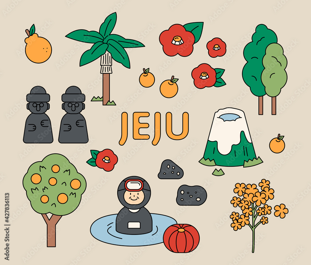 Jeju Island's symbols and icons. outline simple vector illustration ...
