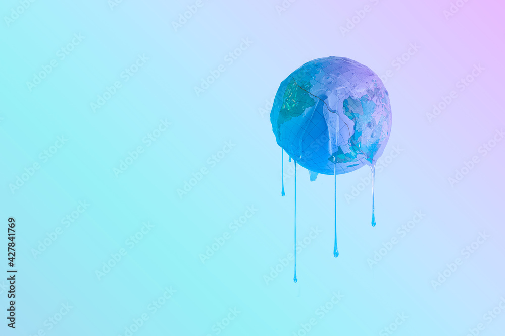 Earth ball hovers, melts and drains on pastel blue, violet and pink ...