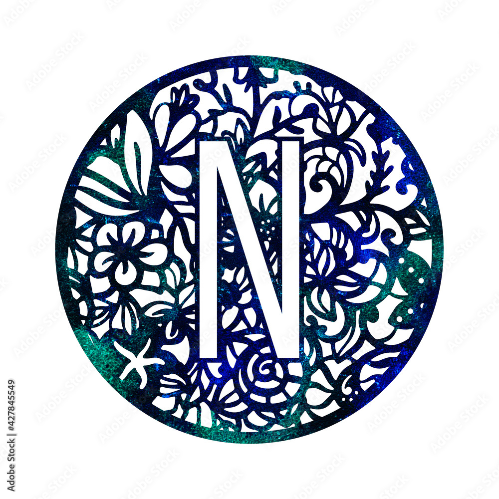 Lace circle blue green letter N with. Texture Monogram letter N ...