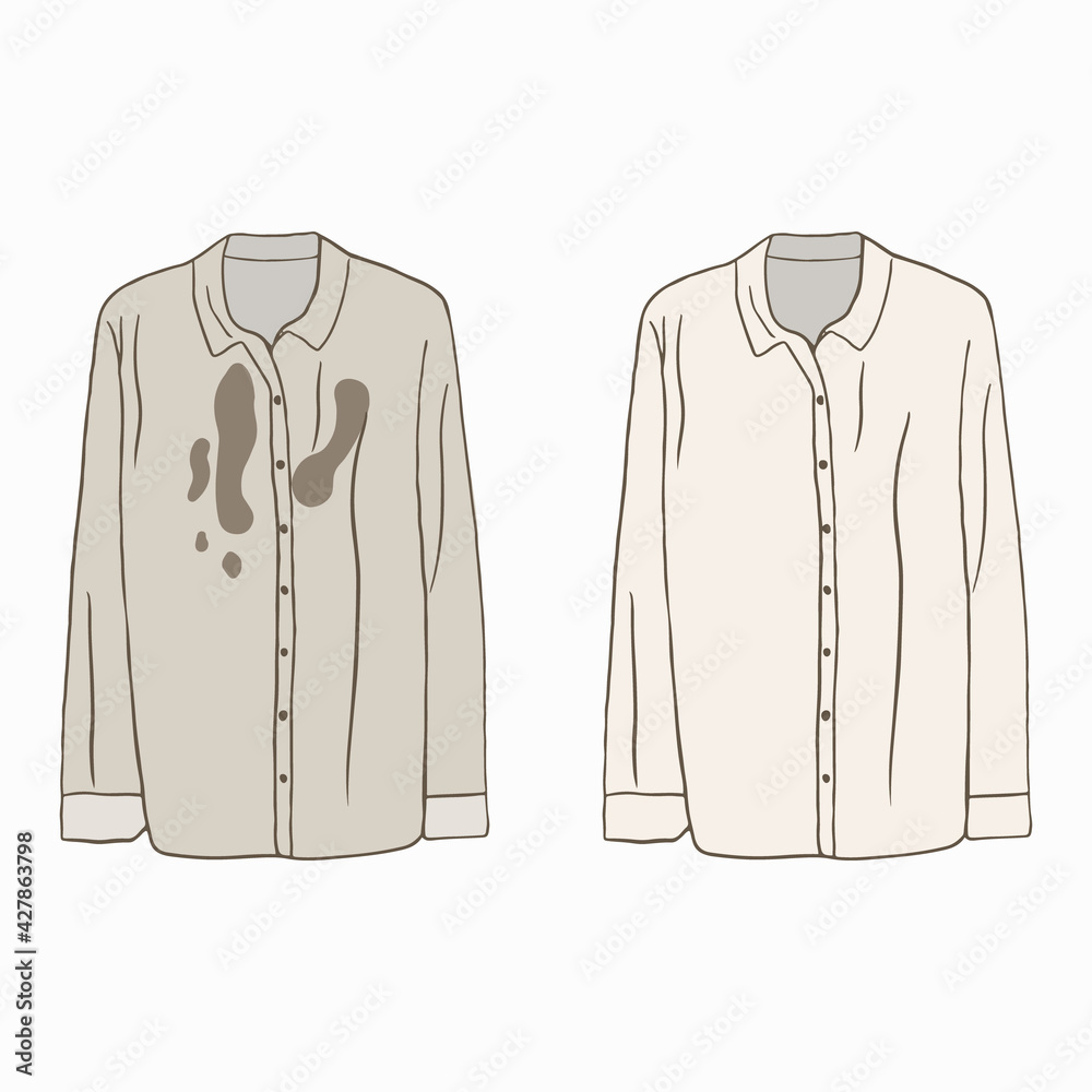 Dirty unkempt dress shirt with stains and neat clean clothes. Clean ...