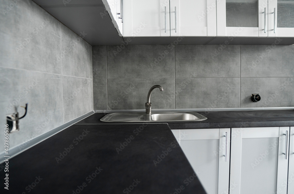 Modern minimalism style kitchen interior in monochrome tones. Custom ...
