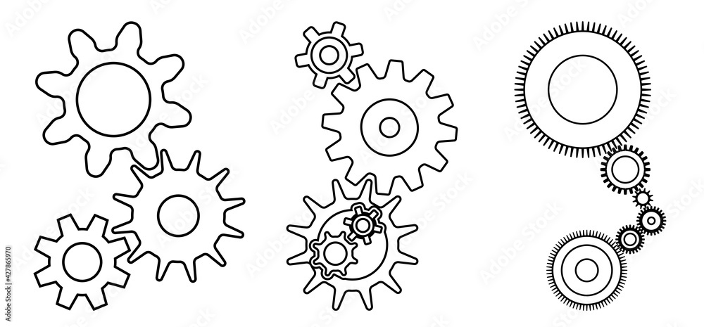 Outline vector design of cogwheels set in move. Gears set vector ...