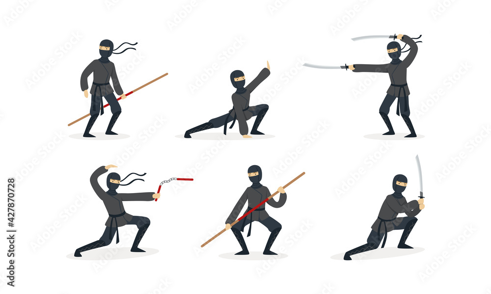 Ninja Warriors Set, Japanese Fighter Wearing Black Clothes and Mask ...