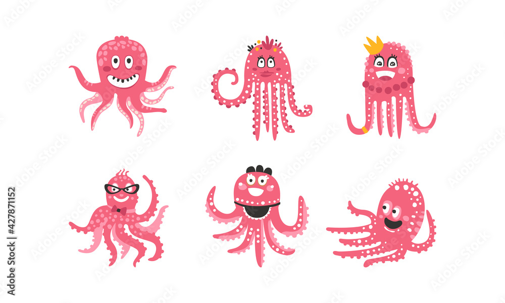 Cute Pink Octopus Characters Collection, Funny Sea Creatures with ...
