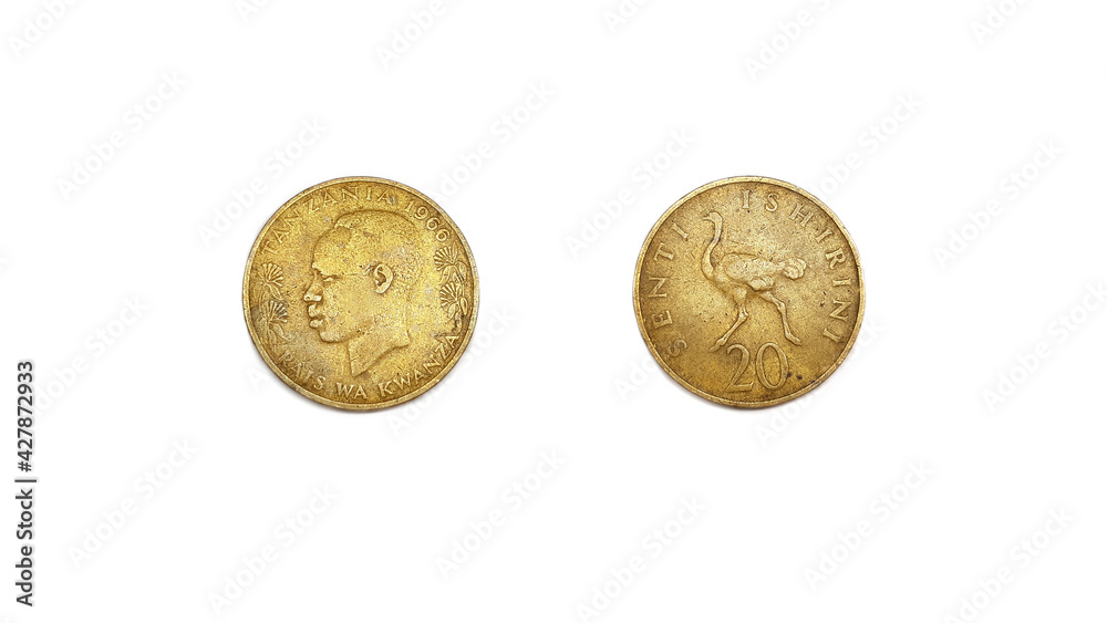 1966 Senti Ishirini 20 Coin Front & Back Side Isolated on White ...