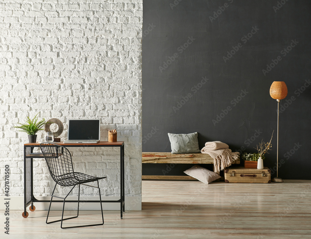 Modern room working table and chair with computer close up style, grey ...