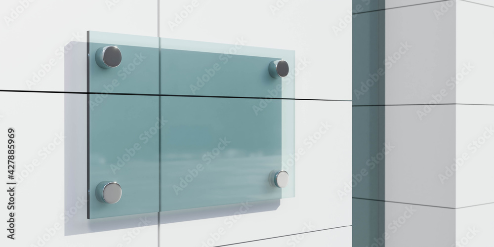 empty blank glass signboard on bright brick wall mockup. outdoor ...