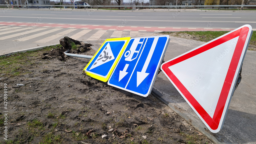 Damaged Broken Traffic Signs With Bus Direction Arrow and Pedestrian ...