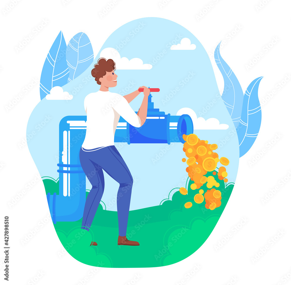 Joyful rich millionaire, lot money flowing from pipe, open water tap ...