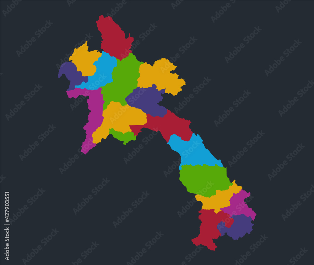Infographics Laos map, flat design colors, with names of individual ...