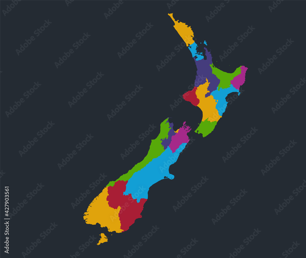 Infographics New Zealand map, flat design colors, individual states ...