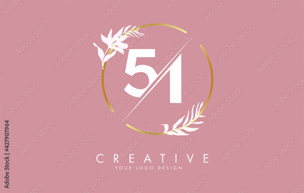 Numbers 51 5 1 logo design with golden circle and white leaves on ...