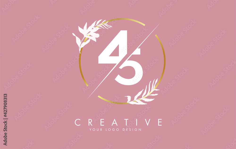 Numbers 45 4 5 logo design with golden circle and white leaves on ...