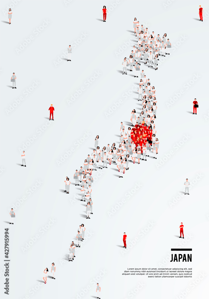 Japan Map and Flag. A large group of people in Japanese flag color form ...