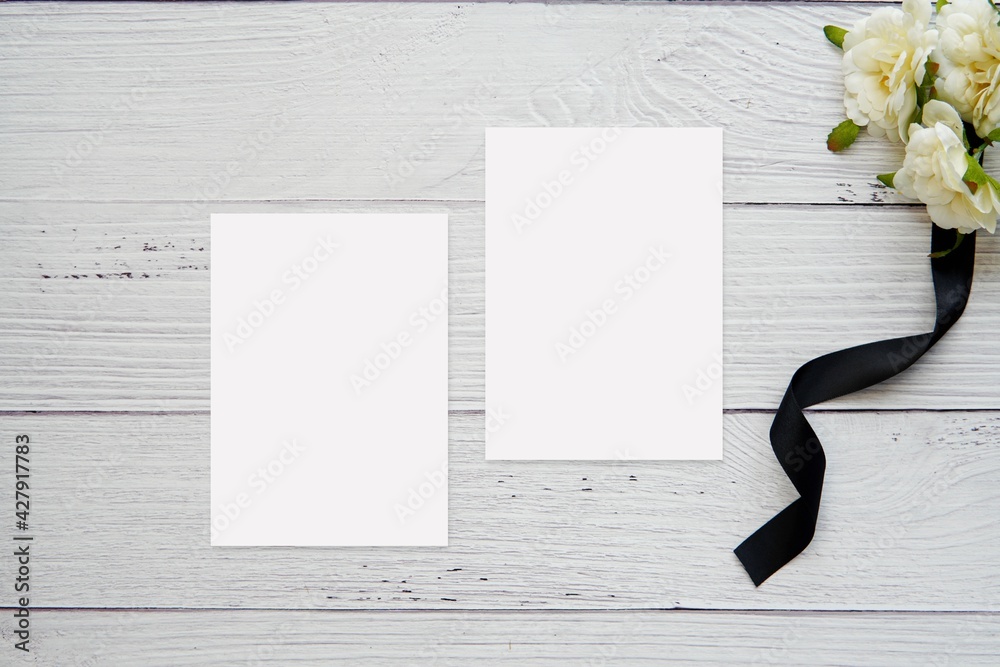 Two sad grief cards mockup, funeral program template on washed wood ...