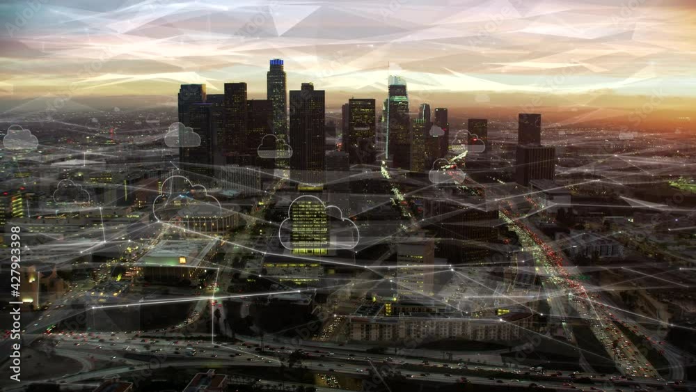 Connected aerial view of the Financial District in Downtown Los Angeles ...