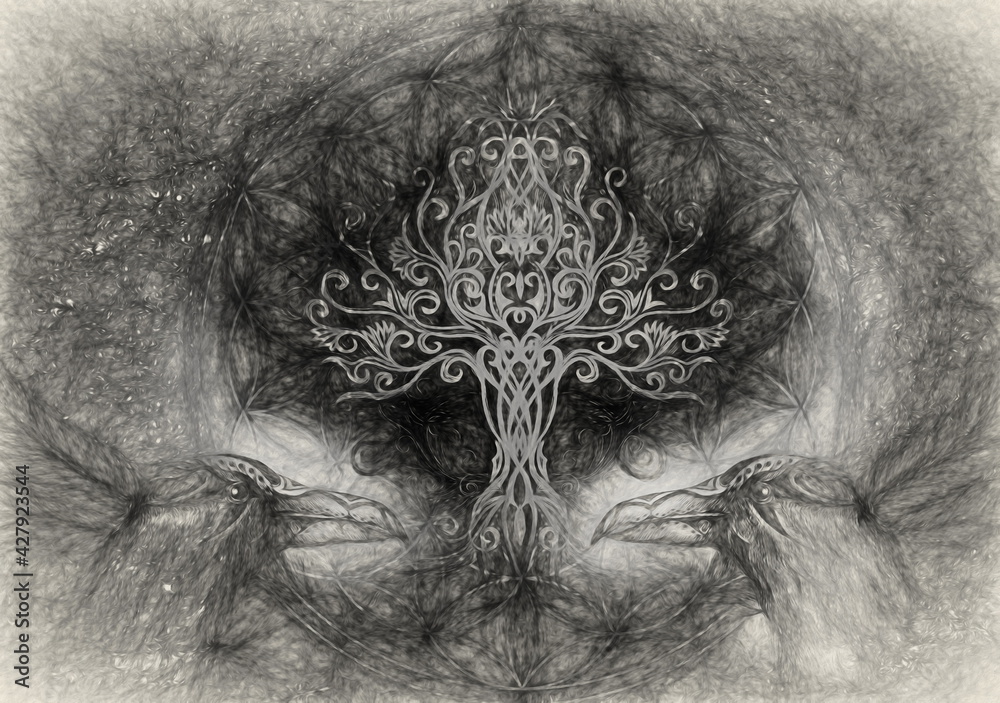 pair of ravens with tree of life and sacred geometry flower of life ...