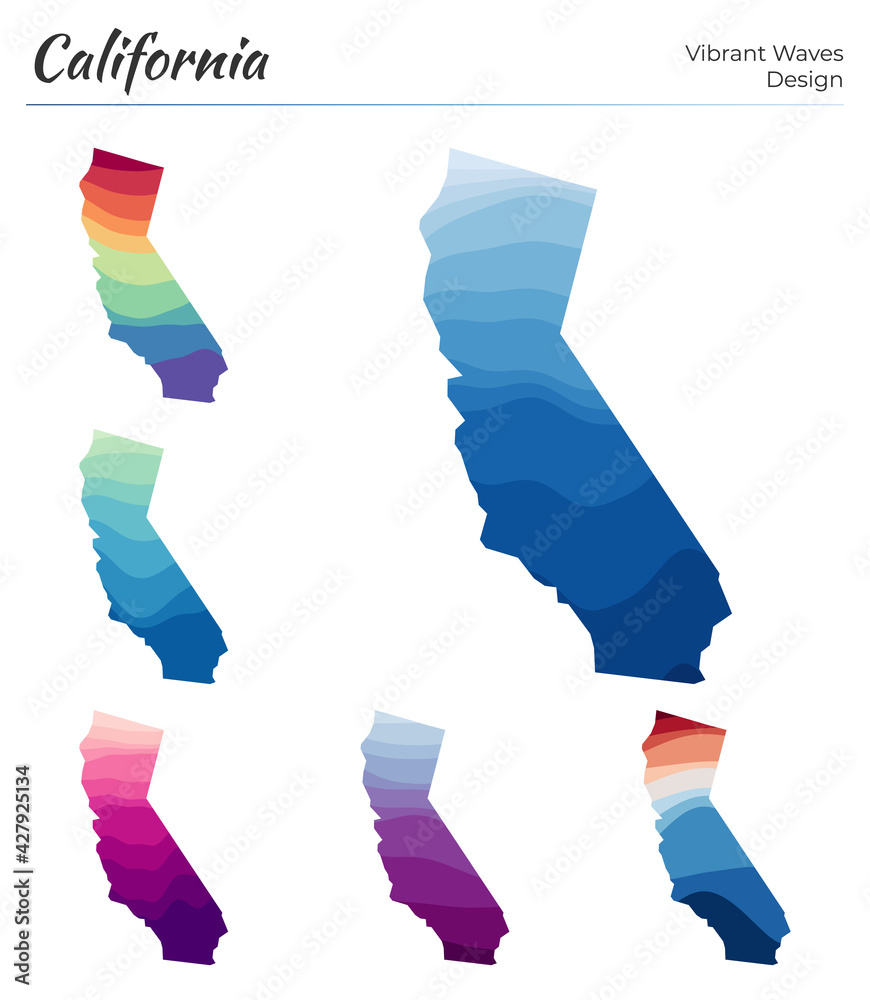 Set of vector maps of California. Vibrant waves design. Bright map of ...