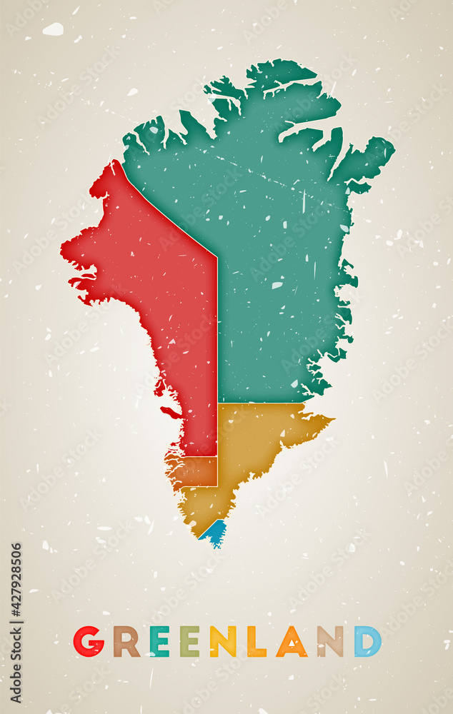 Greenland map. Country poster with colored regions. Old grunge texture ...
