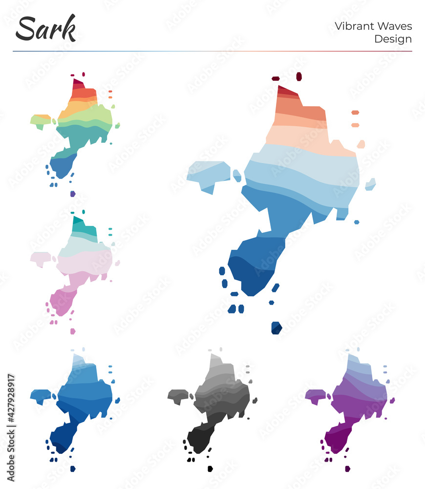 Set of vector maps of Sark. Vibrant waves design. Bright map of island ...