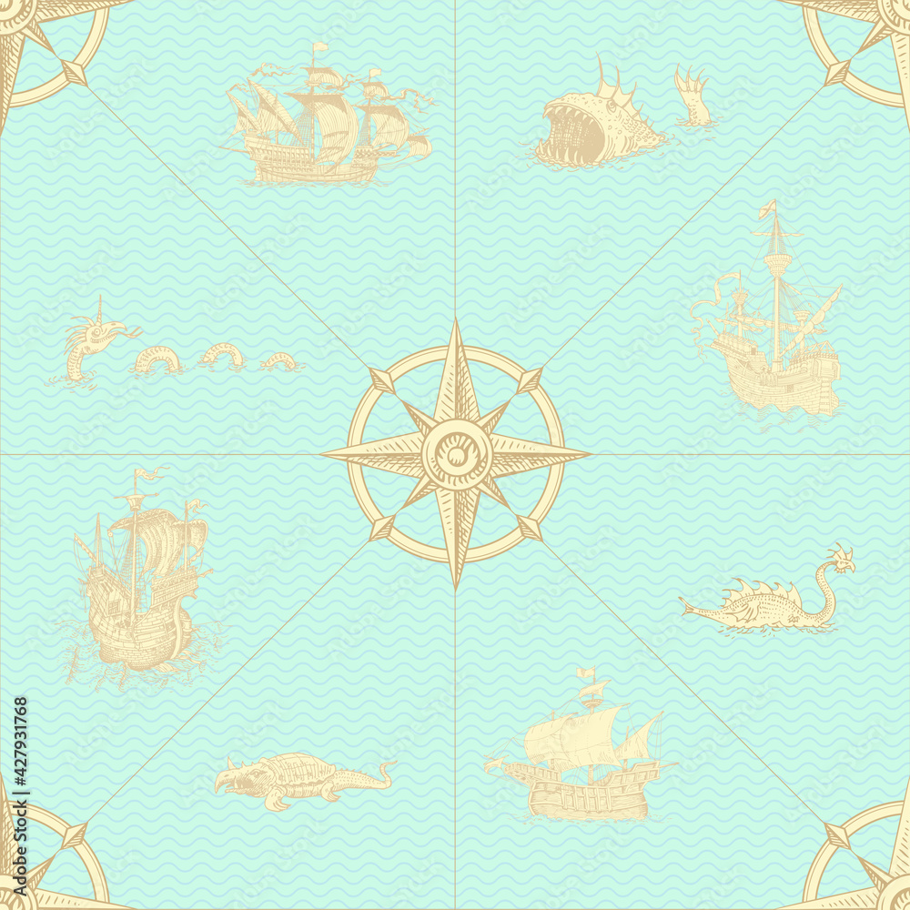 vector image of seamless texture of vintage nautical map in the style ...