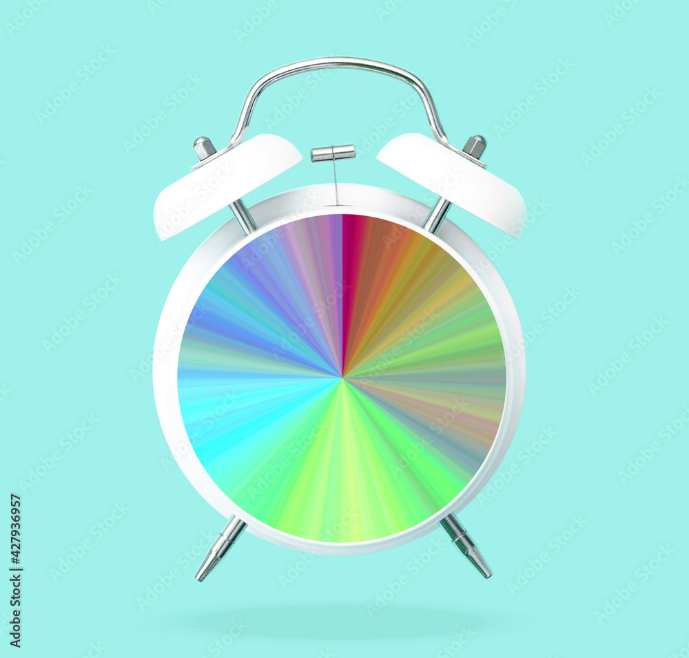Abstract Creative layout of bell Alarm clock with hovering over blue ...