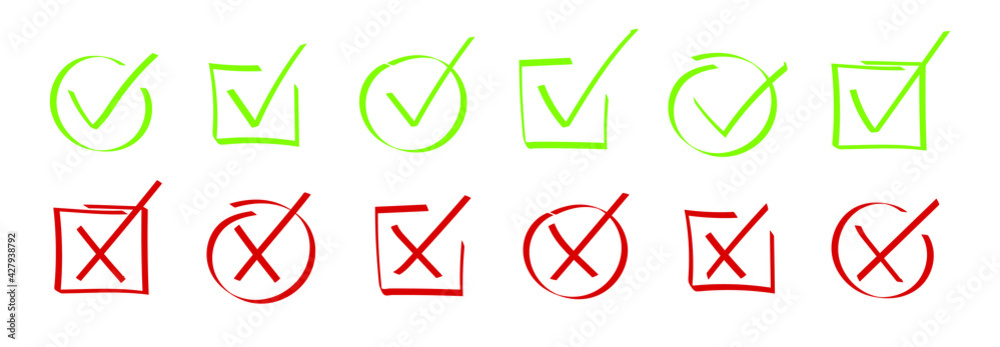 Set of hand drawn check mark with circle and square. Doodle checklist ...