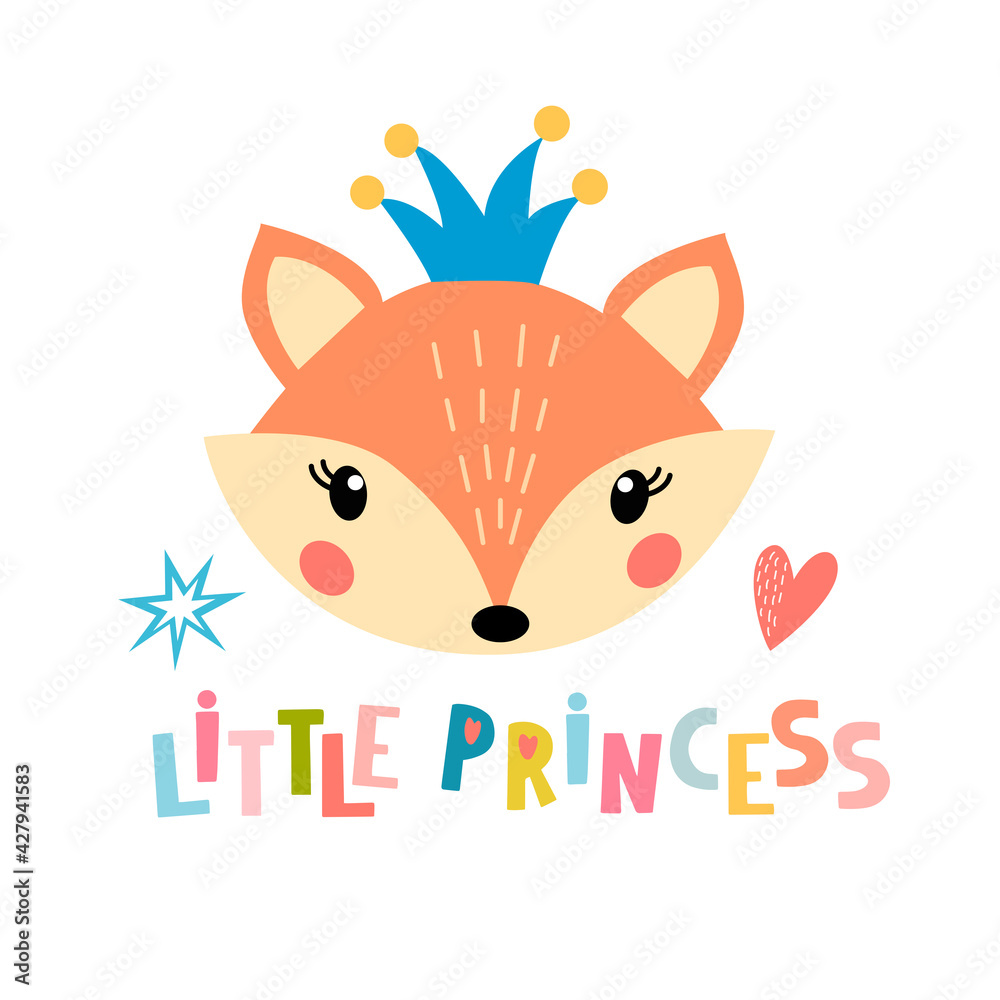 Image of cute cartoon fox face with lettering - little princess, in ...