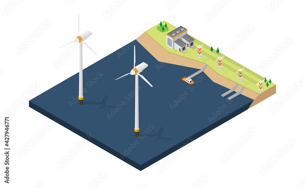 wind turbine energy, wind turbine power plant in isometric graphic ...