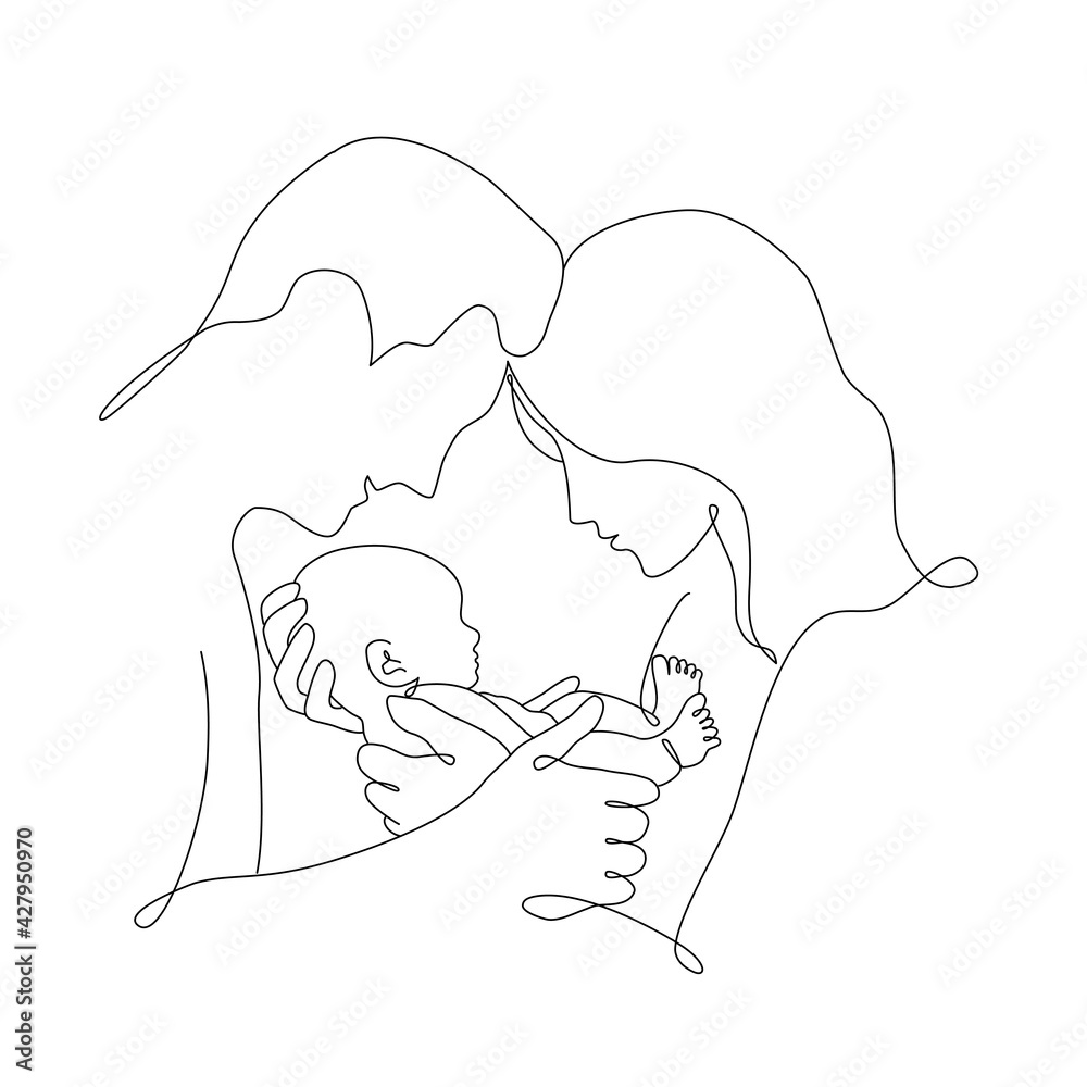 Vector one line art illustration of family portret. Lineart mother ...