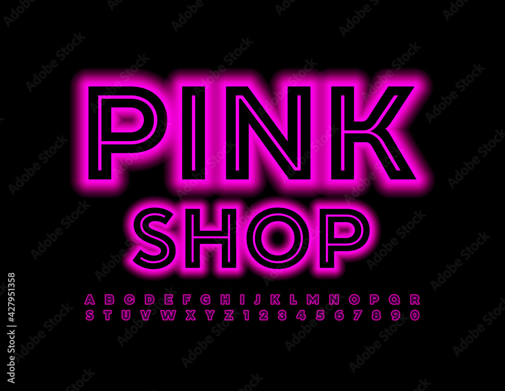 Vector glamour Sign Pink Shop. Neon glowing Font. Electric led Alphabet ...