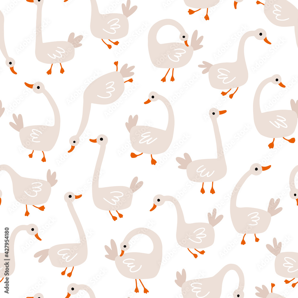 Geese seamless pattern. White Goose in different poses. Cute vector ...