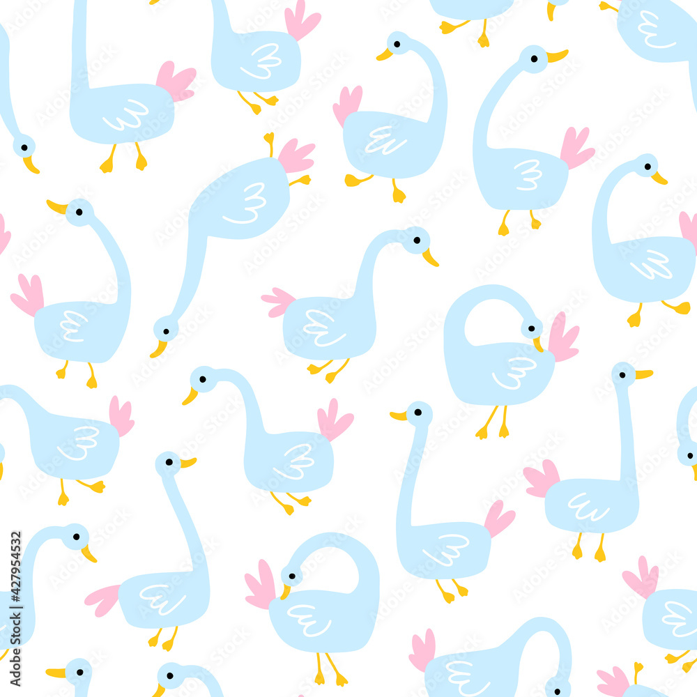 Geese seamless pattern. White Goose in different poses. Cute vector ...