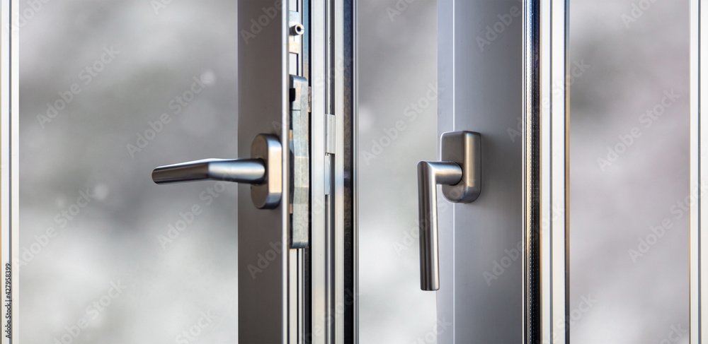 Aluminum door window open closeup view, blurry background Stock Photo ...