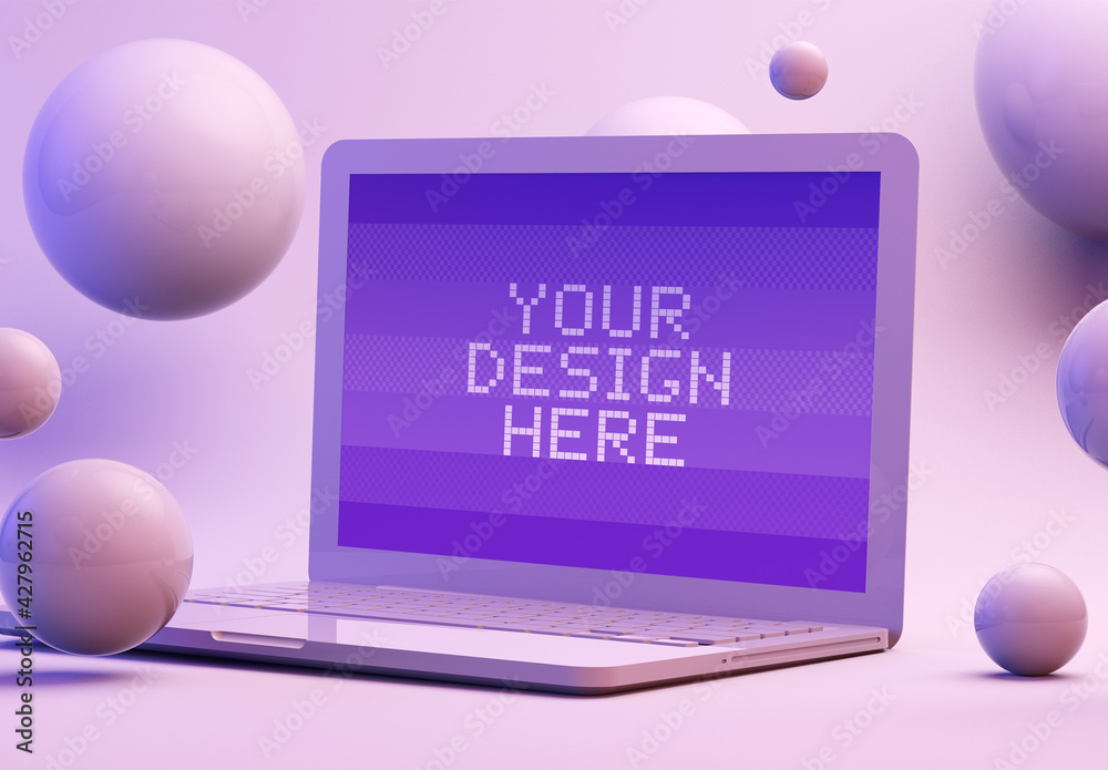 Laptop Mockup on a Floating Balls Background Stock Template | Adobe Stock
