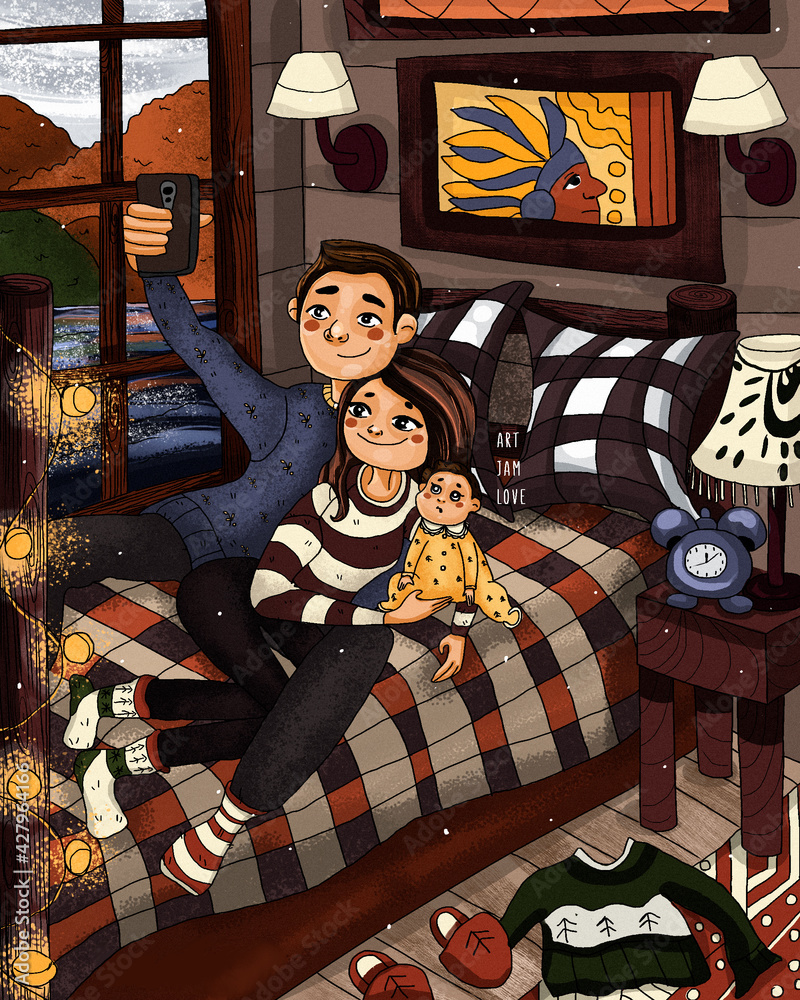 Cozy family evening, illustration of warmth and family. Stock ...