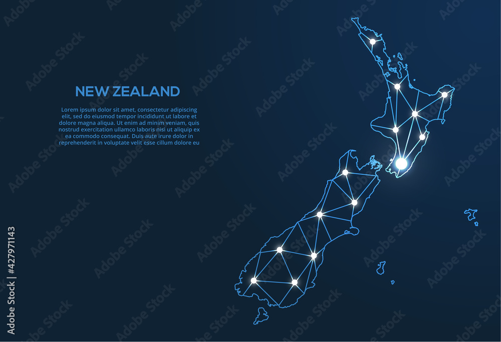 New Zealand communication network map. Vector low poly image of a ...