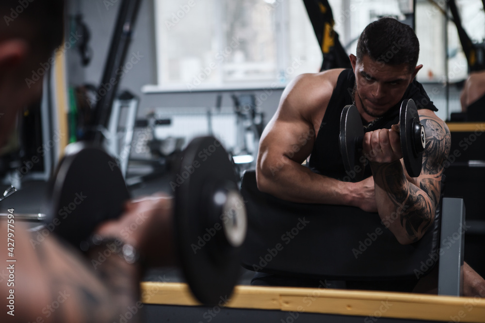 Ripped bodybuilder looking focused lifting dumbbell at the gym Stock ...