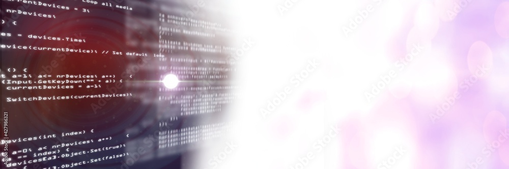 Computer code processing against black and pink background, program ...