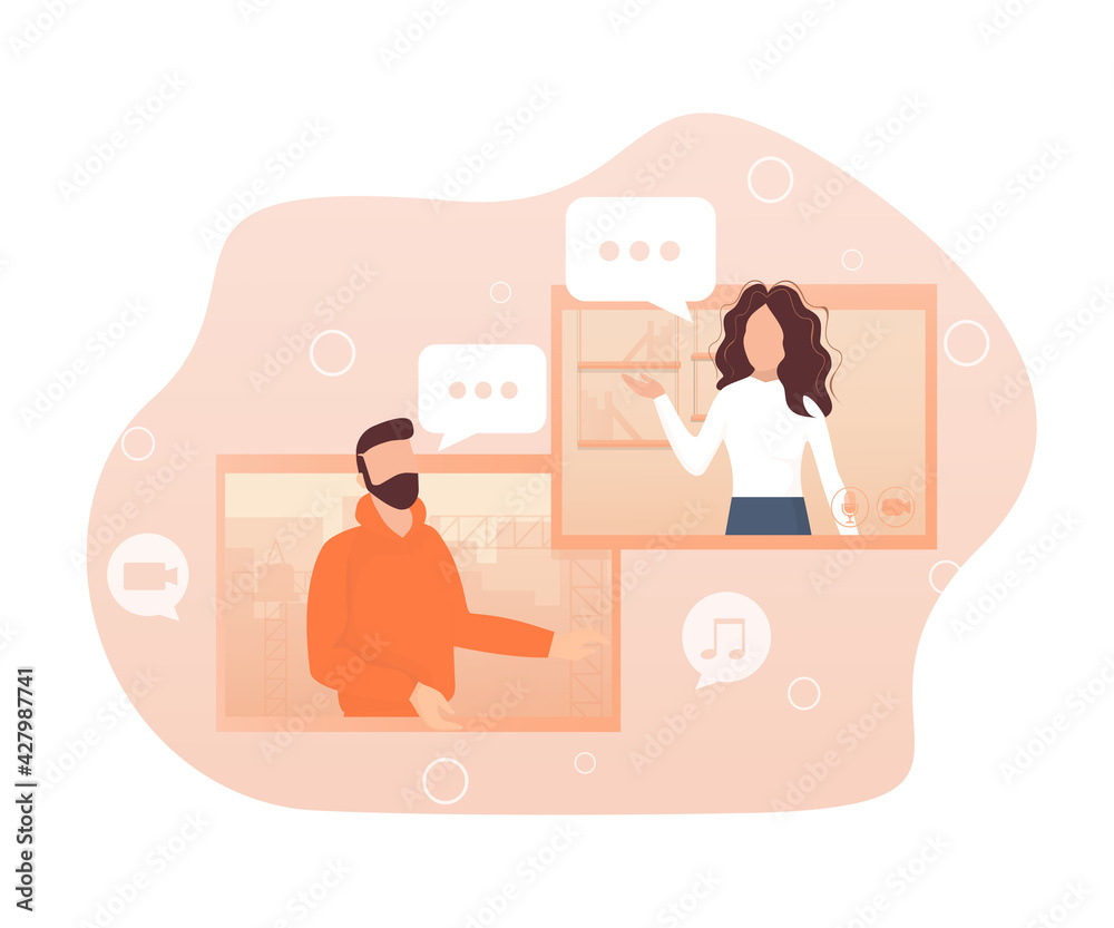 Flat illustration. Video conference. Video call between friends ...