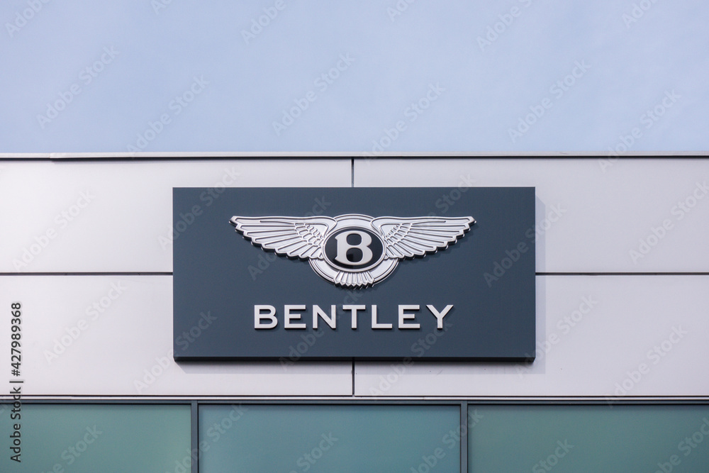 Bentley sign and logo on the car showroom in Vilnius. Bentley Motors ...