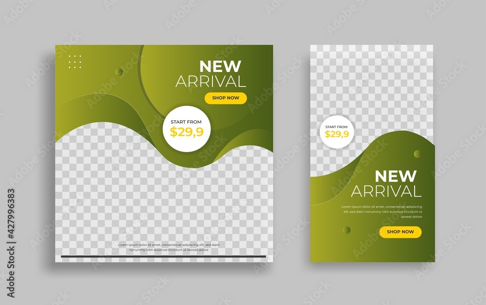 Set of Editable minimal square banner template. Green background color ...