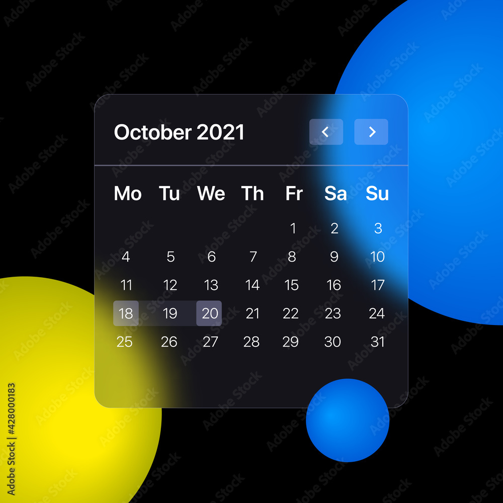 Glassmorhism October Calendar Template. UI, UX, GUI layout for mobile ...